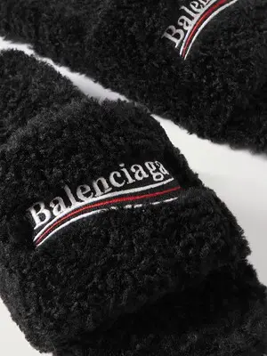 Balenciaga Furry Logo-embroidered Faux Shearling Slides - Black