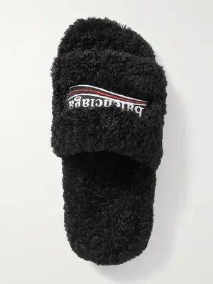 Balenciaga Furry Logo-embroidered Faux Shearling Slides - Black