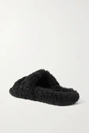 Balenciaga Furry Logo-embroidered Faux Shearling Slides - Black