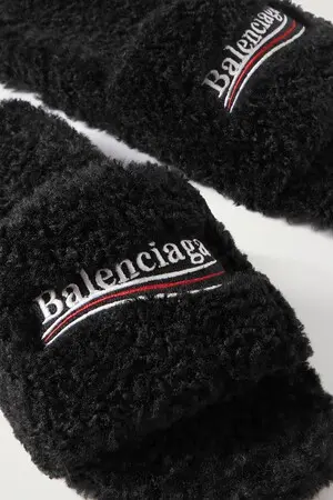 Balenciaga Furry Logo-embroidered Faux Shearling Slides - Black