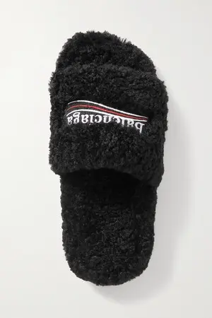 Balenciaga Furry Logo-embroidered Faux Shearling Slides - Black
