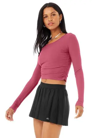 Alo Yoga ALO Gather Ribbed Crewneck Long Sleeve Top Raspberry Sorbet