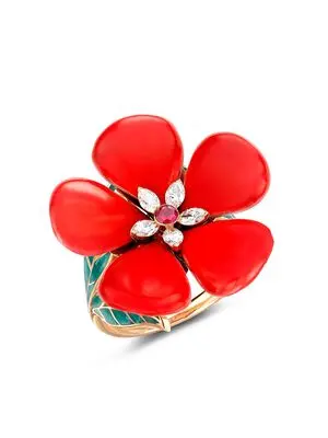 PRAGNELL 18kt Yellow Wildflower Ring With Ruby And Diamonds
