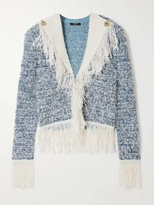 Balmain Fringed Tweed Jacket Blue