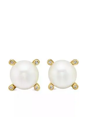 David Yurman 18kt Yellow Gold, Pearl, And Diamond Stud Earrings - White