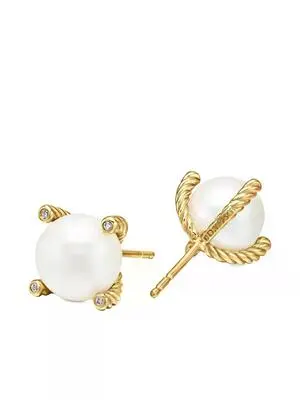 David Yurman 18kt Yellow Gold, Pearl, And Diamond Stud Earrings - White