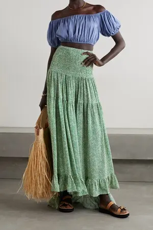 Evarae Net Sustain Lora Ruffled Printed Organic Silk Maxi Skirt