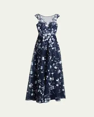 Rickie Freeman For Teri Jon Embroidered Tulle Gown - Navy Silver