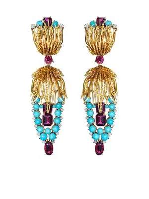 Fred Leighton 18kt Yellow Turquoise, Garnet, And Diamond Pendant Earrings - Gold