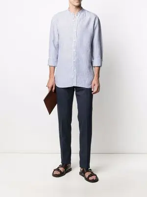 BARBA NAPOLI Band-collar Striped Linen Shirt