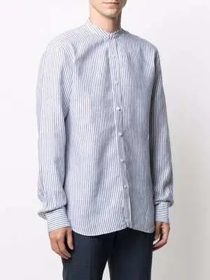 BARBA NAPOLI Band-collar Striped Linen Shirt