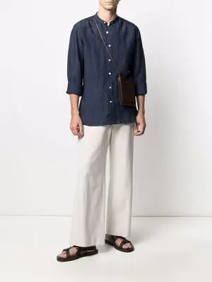 BARBA NAPOLI Band-collar Linen Shirt - Blue