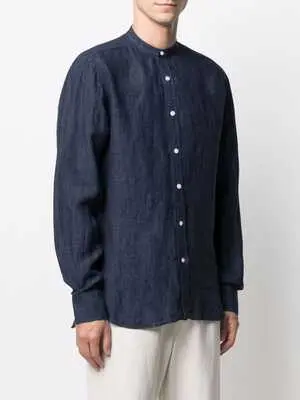 BARBA NAPOLI Band-collar Linen Shirt - Blue