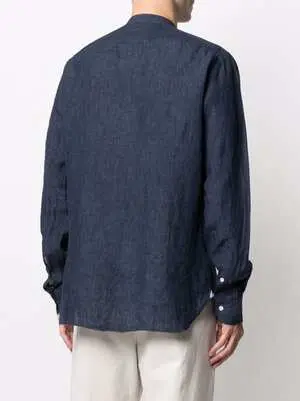 BARBA NAPOLI Band-collar Linen Shirt - Blue