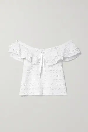 LoveShackFancy Cruise Off-the-shoulder Ruffled Crocheted Cotton Top