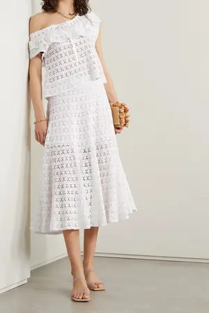 LoveShackFancy Cruise Off-the-shoulder Ruffled Crocheted Cotton Top