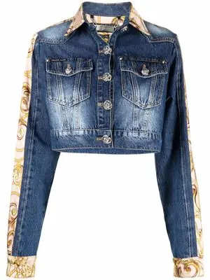 Philipp Plein Baroque-print Cropped Denim Jacket - Blue