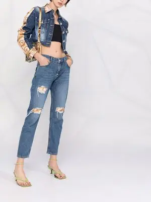 Philipp Plein Baroque-print Cropped Denim Jacket - Blue