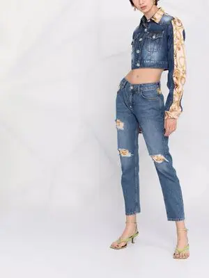 Philipp Plein Baroque-print Cropped Denim Jacket - Blue