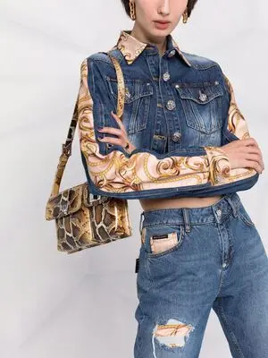 Philipp Plein Baroque-print Cropped Denim Jacket - Blue