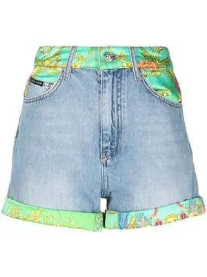 Philipp Plein Baroque-print Panelled Denim Shorts