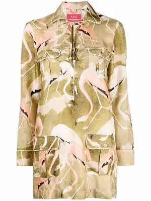 F.R.S FOR RESTLESS SLEEPERS Flamingo Print Shirt Dress - Green