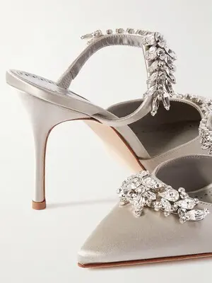 Manolo Blahnik Lurum 90 Crystal-embellished Satin Mules - Gray