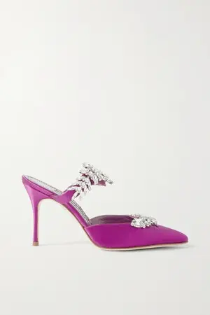 Manolo Blahnik Manolo Blahnik Lurum 90 Crystal-Embellished Satin Mules Purple