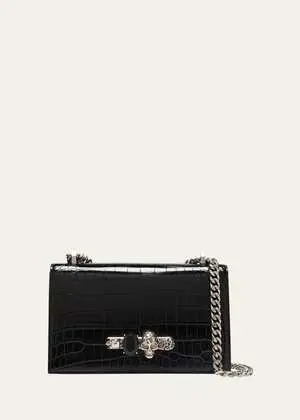 Alexander McQueen Croc-embossed Jeweled Shoulder Bag - Nero