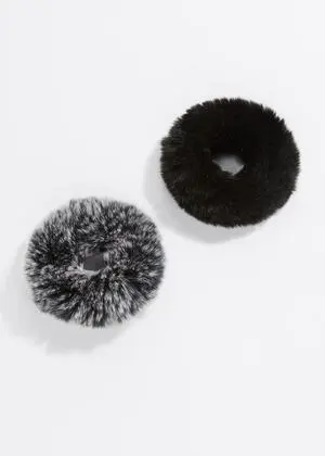 Surell Rabbit Fur Scrunchies, Set Of 2 Black Frost