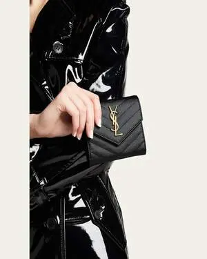 Saint Laurent Cassandre Monogram Trifold Wallet In Grained Leather - Black
