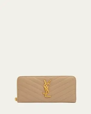 Saint Laurent Ysl Monogram Large Zip Wallet In Grained Leather Dark Beige
