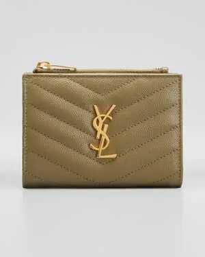 Saint Laurent Ysl Monogram Small Ziptop Wallet In Grained Leather Vert Kaki
