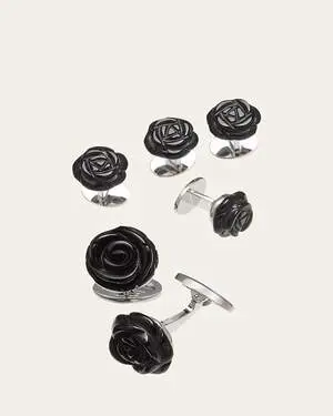 JAN LESLIE Onyx Carved Rose Tuxedo Cuff Link And Stud Set - Black Onyx