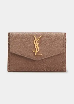 Saint Laurent Ysl Monogram Flap Card Case In Grained Leather Taupe