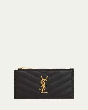 Saint Laurent Monogram Small Ziptop Card Case In Grained Leather - Black