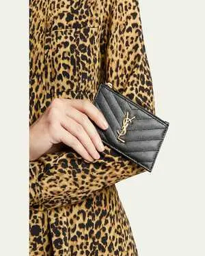 Saint Laurent Monogram Small Ziptop Card Case In Grained Leather - Black