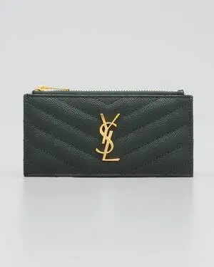 Saint Laurent Ysl Monogram Small Ziptop Card Case In Grained Leather Dark Mint