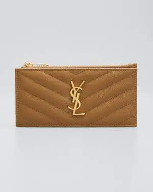 Saint Laurent Ysl Monogram Small Ziptop Card Case In Grained Leather Naturel Dark
