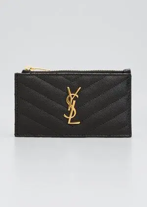 Saint Laurent Ysl Monogram Small Ziptop Card Case In Grained Leather One-color