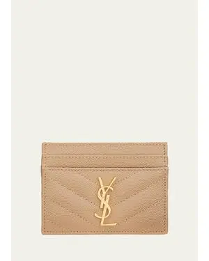 Saint Laurent Cassandre Ysl Monogram Card Case In Grained Leather Dark Beige
