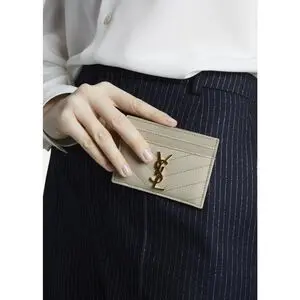 Saint Laurent Cassandre Monogram Card Case In Grained Leather - Dark Beige