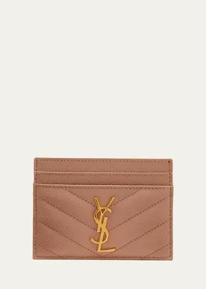 Saint Laurent Cassandre Ysl Monogram Card Case In Grained Leather Opyum Red