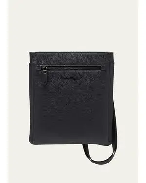 FERRAGAMO Firenze Flat Leather Crossbody Bag - Black