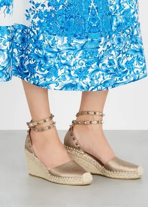 Valentino Garavani 85 Bronze Leather Wedge Espadrilles