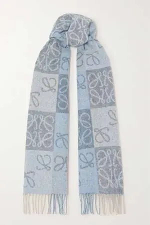 Loewe Fringed Intarsia Wool And Cashmere-blend Scarf Blue