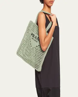 Prada Woven Logo Shopper Tote Bag - Black