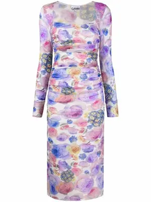 GANNI Floral-print Ruched Midi Dress