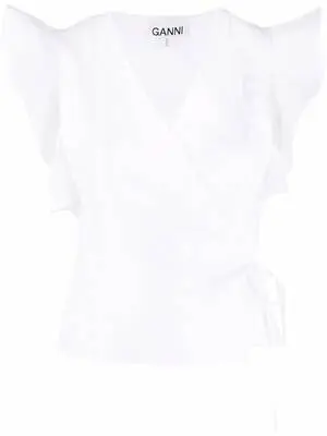 GANNI Ruffled-sleeve Wrap Top - White