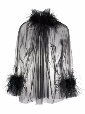 STYLAND Sheer Feather-trimmed Blouse - Black